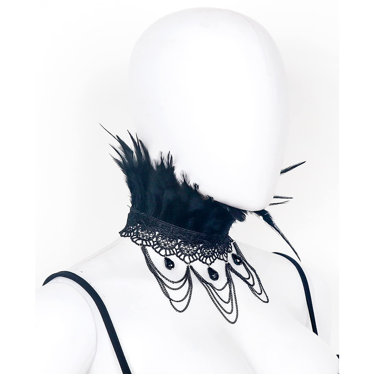 L'VOW Black Feather Choker Necklace Gothic Jewelry Vampire Neck Chain Steampunk Tattoo Lace Accessories Halloween Costume(Black-1)