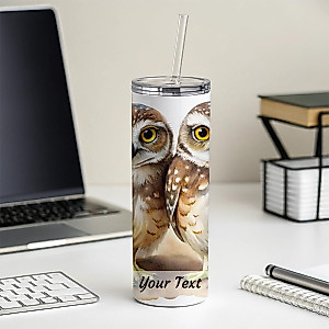 Personalized Custom Name Text Pair Of Burrowing Owls Bird Watercolor Skinny Tumbler 20oz with Straw Insulated Water Bottle Gift - 1 Line Horizontal