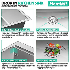 Homikit 33 x22 Inch Kitchen Sink with Soap Dispenser, 16 Gauge Stainless Steel Topmount Drop In Kitchen Sinks Single Bowl 2-Hole R10 Corner, 10" Deep Large Farmhouse Workstation Sink with Accessories