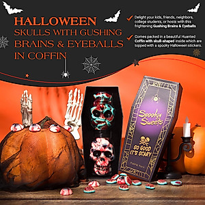 Purple Plum Halloween Trick or Treat Candies | Brain and Eyeball Gummies in Skull Shaped Candy Jars with Coffin Box | Spooky Sweets | Perfect For Halloween