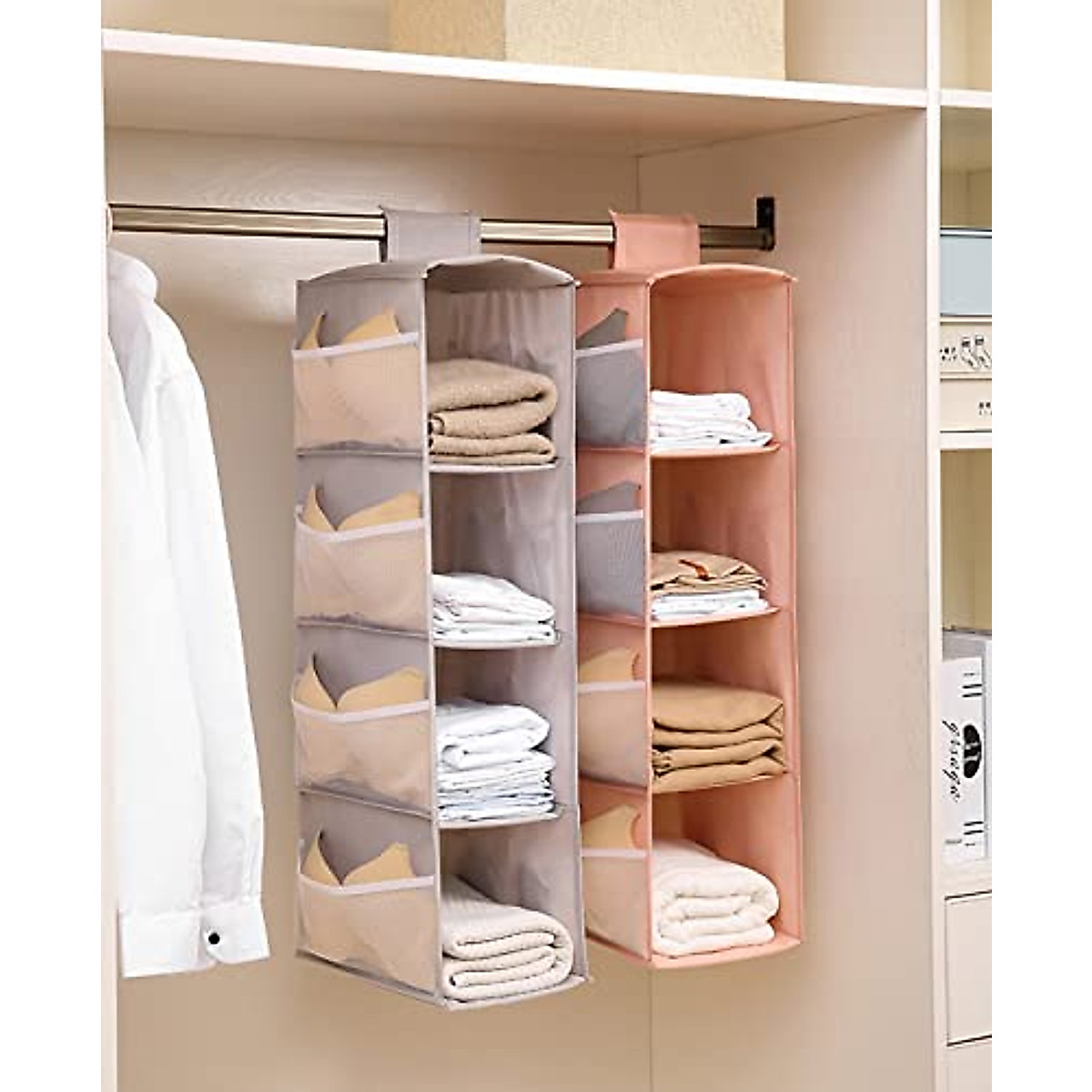 AARAINBOW 2 Packs Hanging Closet Organizer with 4 Shelf Wardrobe Clothes Organizer with 12 Side Pockets, Collapsible Hanging Storage for Sweater Pants Bra Socks (Gray Pink)