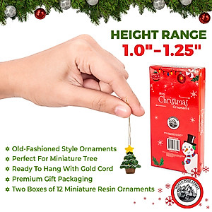 Mini Resin Christmas Ornaments Set of 24 - Rustic Christmas Decorations - Small Miniature Christmas Tree Ornaments - Santa Snowman Gingerbread Angel - Tiny Christmas Tree Decorations With Gift Box!
