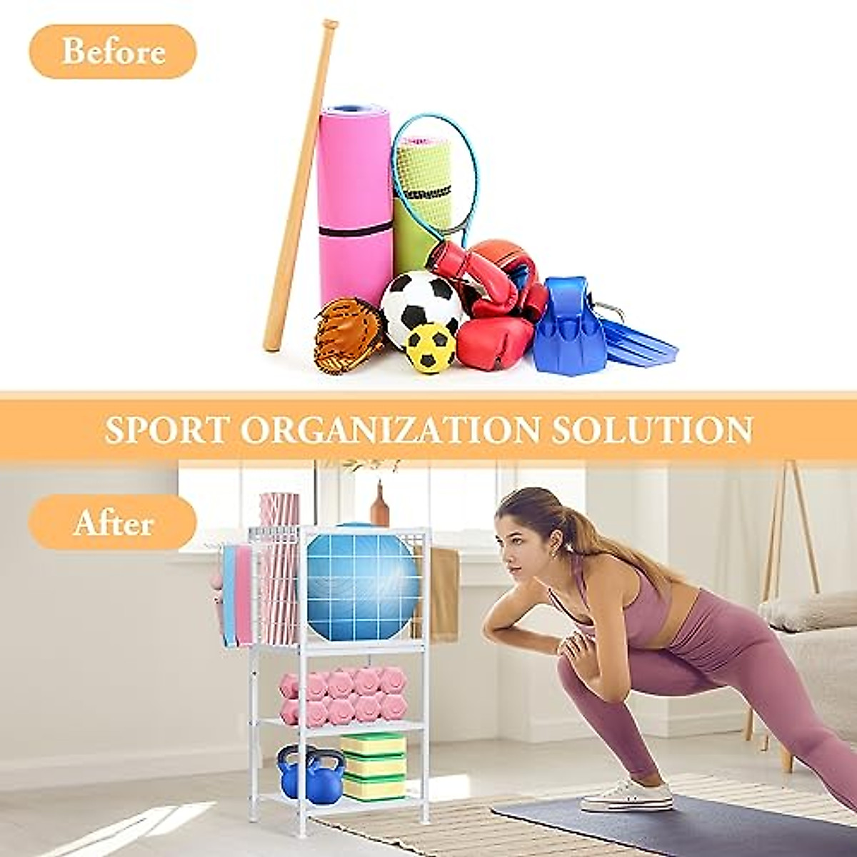 Home Gym Storage Rack, Workout Equipment Storage, Weight Rack for Dumbbells, Yoga Mat Storage Rack, Exercise Equipment Storage with Hooks Gym Organizers with Wheels for Yoga Block, Resistance Band, White