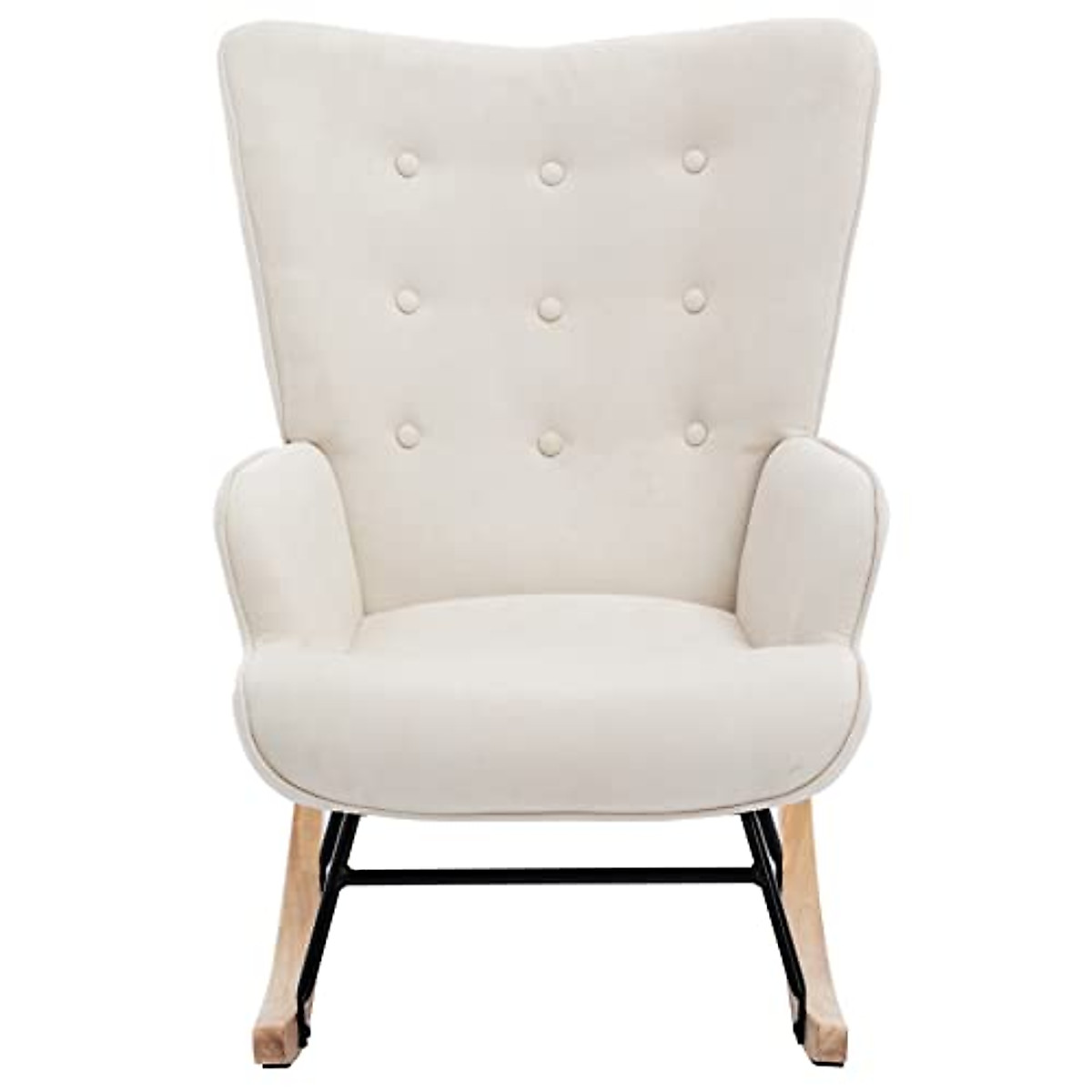 Fabric Nursery Rocking Accent Chair, Modern Tufted Button Wingback Glider Rocker Armchair with Solid Wood Legs, Beige
