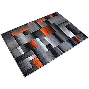 Modern Geometric Abstract Boxes Squares Orange Grey Black Carpet Bedroom Living Room Contemporary Dining Accent (5’ 3” X 7’ 5”)