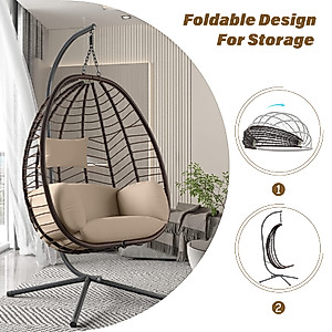 Delnavik Egg Chair with Stand Hammock Chair Wicker Rattan Patio Hanging Egg Chair, Indoor Outdoor Swing Egg Chair with Cushion Headrest for Patio Bedroom Porch Garden Balcony, Sand