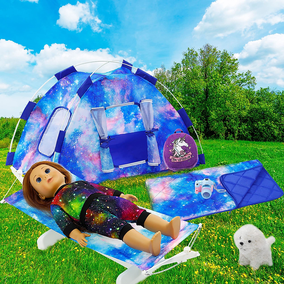 Srua Don 18 Inch Dolls Accessories Camping Tent and Hammock Set - Including Doll Camping Tent, Sleeping Bag, Hammock Bed, Toy Camera, Doll Backpack, Toy Dog, 6 Items Fits 18" Dolls
