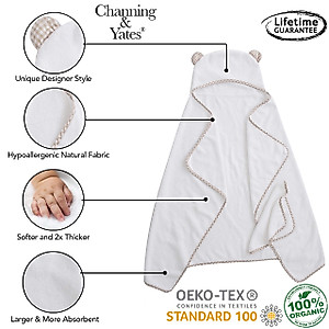 Channing & Yates Premium Organic Baby Bath Towel and Washcloth Set - Soft Baby Towels and Washcloths are Baby Bath Essentials - Baby Hooded Towel - Girl/Boy Baby Bath Towels (Beige/White)