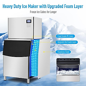 Zstar 600LBS/24H Commercial Ice Maker Machine, Freestanding Large Ice Maker with 350LBS Ice Storage Bin, Ice Ready in 5-15min, Stainless Steel Industrial ice Machine for Commercial Restaurant Cafe Bar
