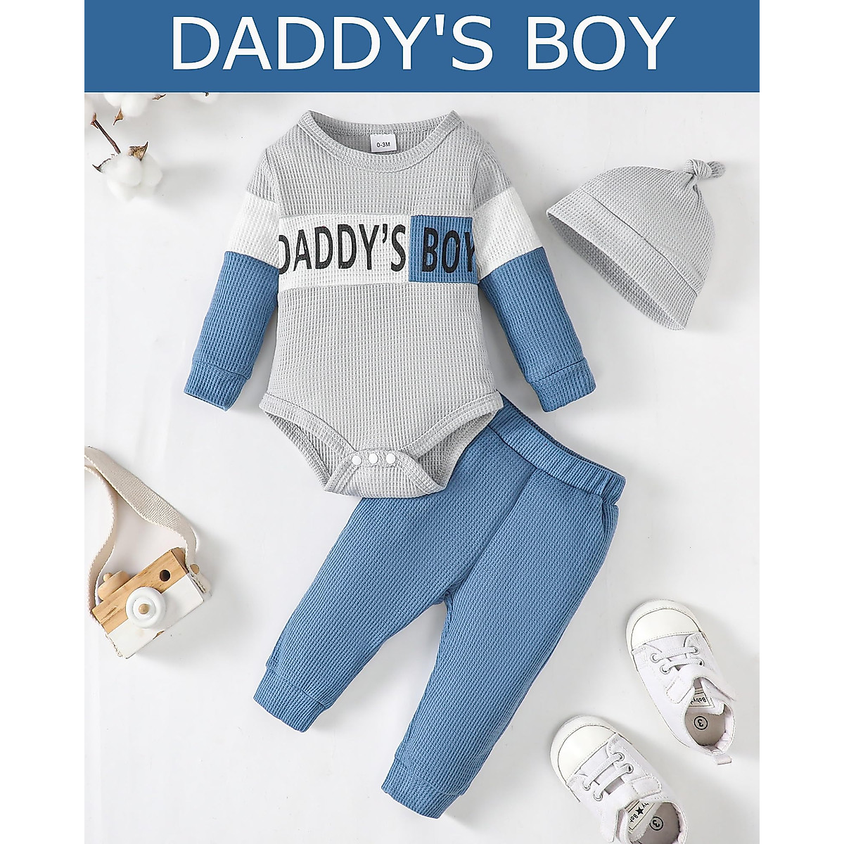 SUNNY PIGGY Baby Boy Clothes 3-6 Months Infant Newborn Romper Daddy Boy Top Spring Baby Pants Infant Cute Hat Grey+Blue