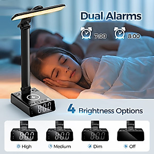 Docusvect LED Desk Lamp with 2 USB Charging Ports and 2 AC Outlets, 3 Lighting Modes × Stepless Dimming LED Desk Lamp with 15W Wireless Charger, Digital Alarm Clock for Home Office & College Dorm Room