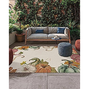 Fall Pumpkin Outdoor Rug for Patio/Deck/Porch, Non-Slip Area Rug 5 x 8 Ft, Thanksgiving Autumn Maple Leaf Colorful Pumpkin Indoor Outdoor Rugs Washable Area Rugs, Reversible Camping Rug Carpet Runner