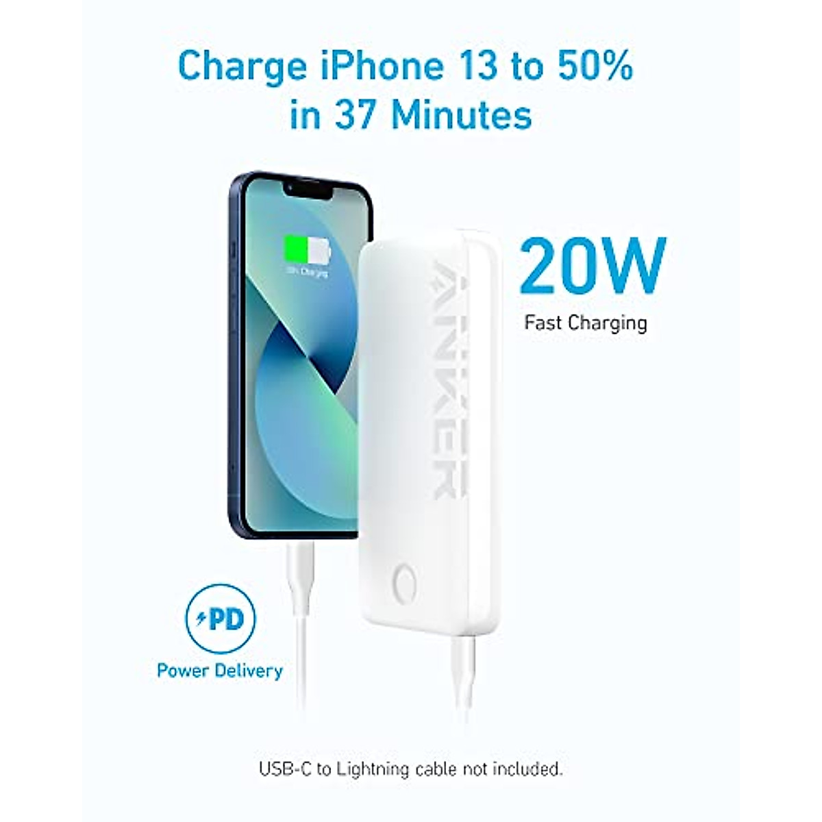 Anker 335 Power Bank (PowerCore 20K), 20W Portable Charger with USB-C Fast Charging, Works for iPhone 13/12 Series, Samsung, iPad Pro, AirPods, Apple Watch, and More (White)
