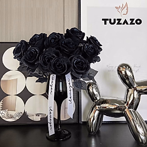 TUZAZO 10pcs Black Roses Artificial Flowers with Stems, Faux Silk Flowers Bridal Gothic Wedding Bouquet, Realistic Blossom Flora for Home, Office, Hotel Decorations