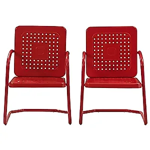 Crosley Furniture Bates 2-Piece Outdoor Chair Set, Retro Metal Patio Chairs for Dining, Porch, Deck, Balcony, Bright Red Gloss
