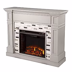 SEI Furniture Birkover Electric Fireplace with Multicolor Marble Surround, Gray