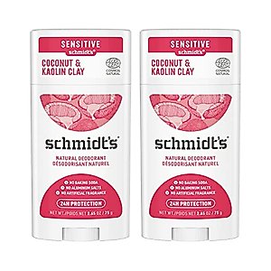 Schmidt's Aluminum Free Natural Deodorant Coconut & Kaolin Clay 2-pk for Women and Men, with 24 Hour Odor Protection, Certified Natural, Cruelty Free, Vegan Deodorant 2.65oz
