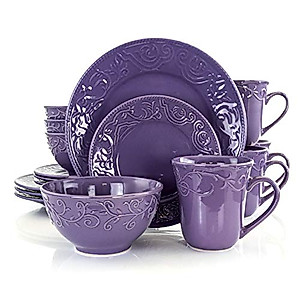 Elama Embossed Stoneware Elegant Round Dinnerware Dish Set, 16 Piece Set, Lilac Purple