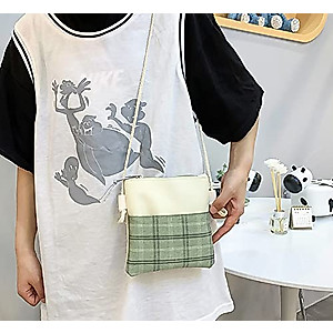 DAHUOJI 5Pcs Kawaii Backpack Set with Badge & Duck Pendant,Japanese Aesthetic Check Bookbag for Girls Cute Plaid School Bags Comes with Tote Bag,Shoulder Bag,Pencil Box,Small Bag(Green,16in)