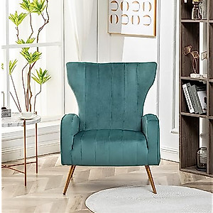 Container Furniture Direct Armchair Modern Velvet Accent Chair, Channel Tufted Bedroom, Office or Living Room Furniture with Elegant Metal Legs, Teal