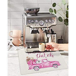 Coffee Mat for Counter, Fall Thanksgiving Pink Truck Pink and White Pumpkin Patch Absorbent Hide Stain Coffee Bar Mat, Non-slip Coffee Bar Accessories Kitchen Drying Mat Fit Under Coffee Maker
