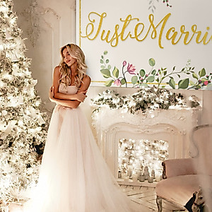 Just Married Backdrop Banner White Floral Wedding Engagement Bridal Shower Theme Party Decorations Photography Background Supplies for Women Men