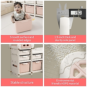 UNICOO Kids Cream House Storage Organizer with 3-Tier Shelves, Storage Rack & Bins for Nursery, Playroom, Study Room (Cream & Pink)
