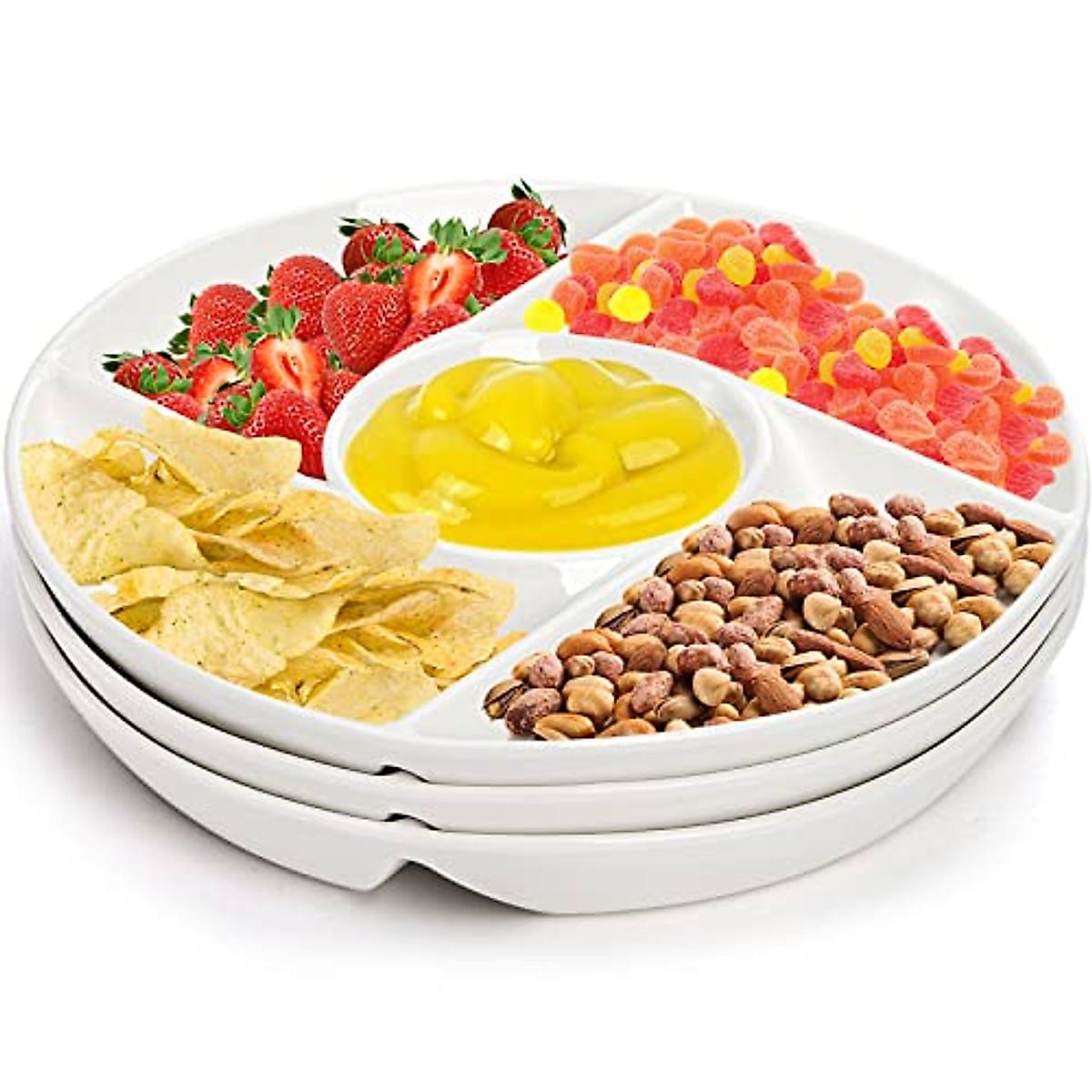 DEAYOU 3 Pack Ceramic Chip and Dip Serving Tray, Porcelain Divided Serving Plate, 10" Decorative Sectional Platter, 5-Compartment Stoneware Appetizer Fruit Dish for Party, Veggie, Snack, Entertain