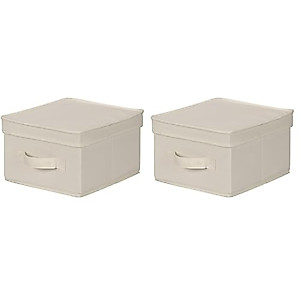 Household Essentials 111 Storage Box with Lid and Handle - Natural Beige Canvas - Medium,Natural Trim (Pack of 2)
