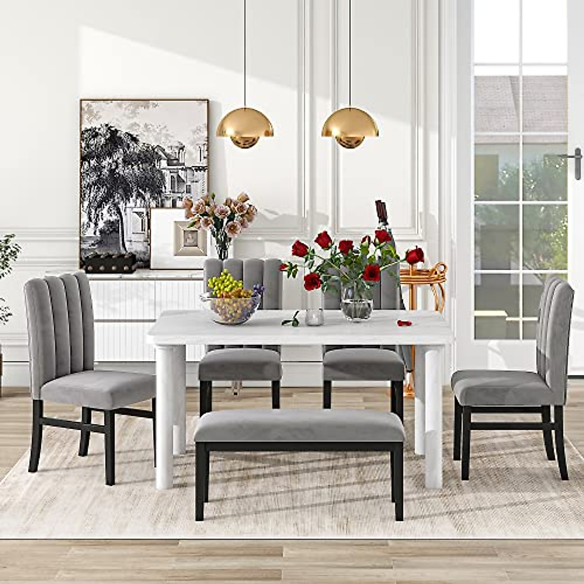 OMMGG 6-Piece Rectangular Set with Marble Veneer and 4 Flannelette Upholstered Dining Chairs & Bench, for Living Furniture, Guest Room, Home Bar and Kitchen, Dinning Table for 6, Gray