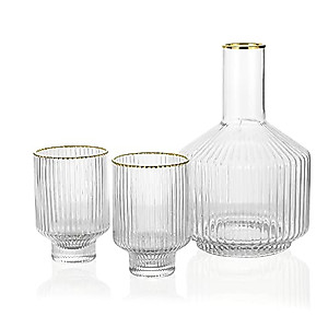G bedside water carafe glass 1 pitcher 2 cups set for night time water decanter Carafe 59 oz Tumbler 12.5 oz night-stand table bedroom handy jug crystal clear vintage home office desk