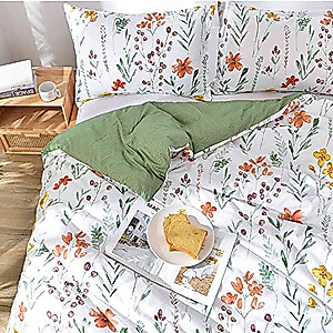 Floral Duvet Cover Full Size - White Yellow Flowers and Green Leaf Spring Botanical Printed Microfiber Comforter Cover Set - 3PC 80X90 Soft and Lightweight Quilt Cover, Farmhouse Style for Women Men