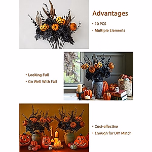 Anna's Whimsy 10PCS Halloween Decor Artificial Flowers Black Roses with Pumpkins, Halloween Table Centerpiece for Dining Kitchen Living Room Bedroom Front Door, Silk Flowers Bouquet Indoor Outdoor