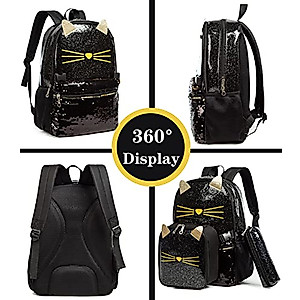 Meetbelify Backpack for Girls Backpacks Kids Sequin Bookbag for Elementary Preschool Student Laptop Bag with Lunch Box 16inch Cat