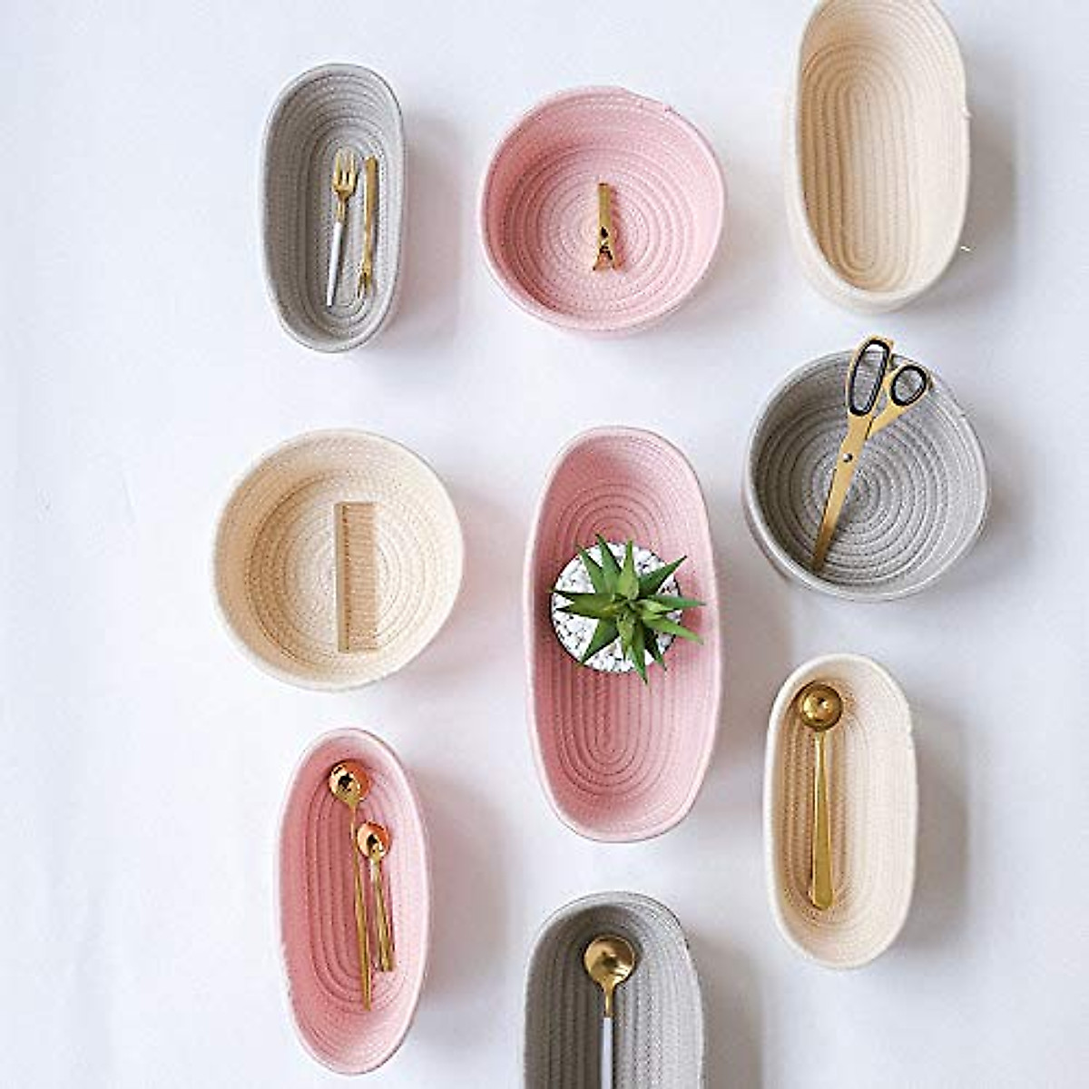 BQEE Cotton Rope Handmade Woven Home Storage Household Candy Toys Storage Basket Sundries Collection Box Candy Snack Food Tray SML Pack of 3 (Oval, White)