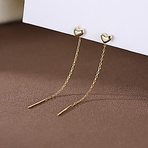Reffeer 925 Sterling Silver Tiny Cute Heart Dangle Earrings Chain for Women Teens Heart Threader Earrings Tassel (B-Gold)
