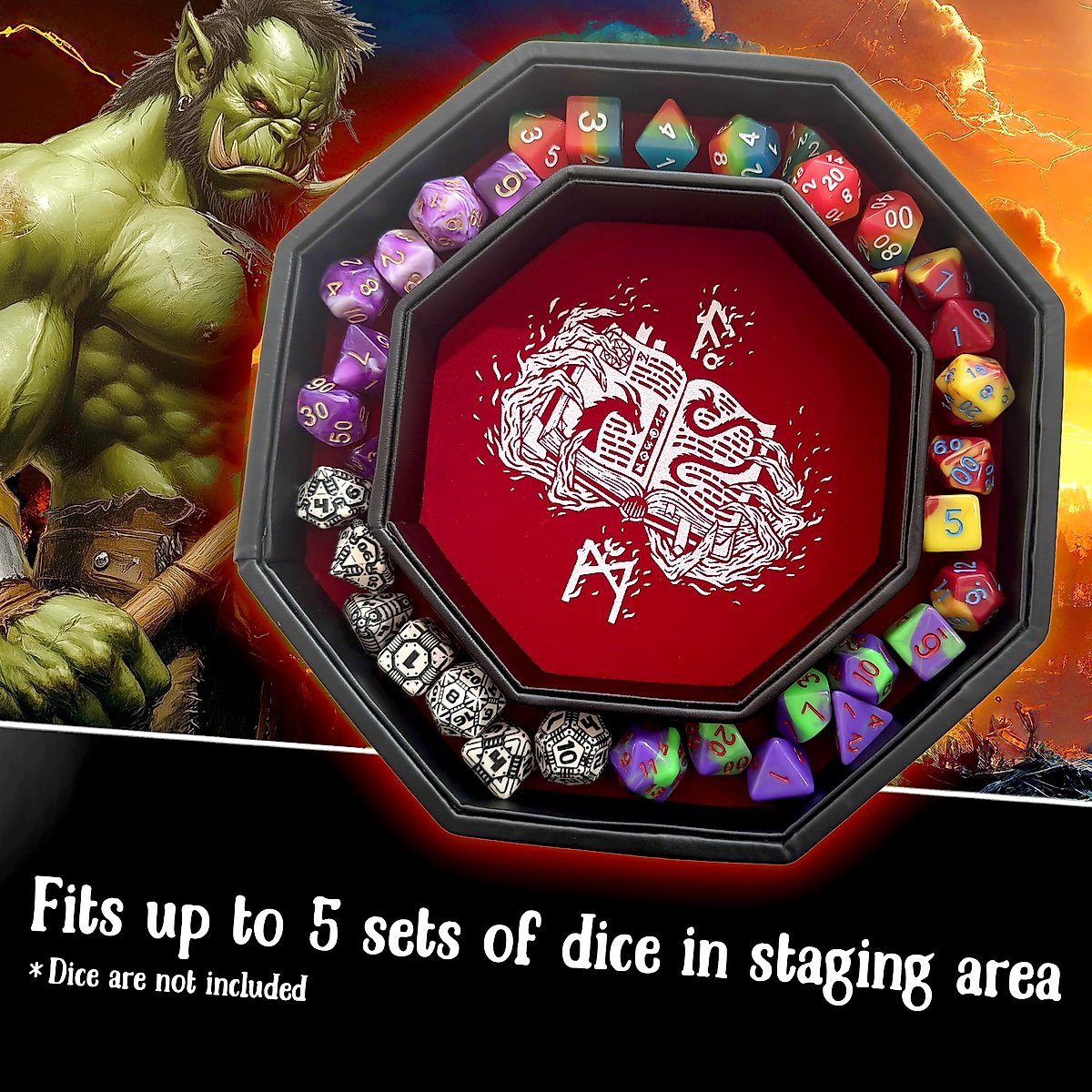 Fantasydice Red Fire Dragon Dice Tray with Lid – 9" Octagon with Dice Staging Area, Holds 5 Dice Sets – Perfect for D&D, Call of Cthulhu, Shadowrun, and All Tabletop RPGs