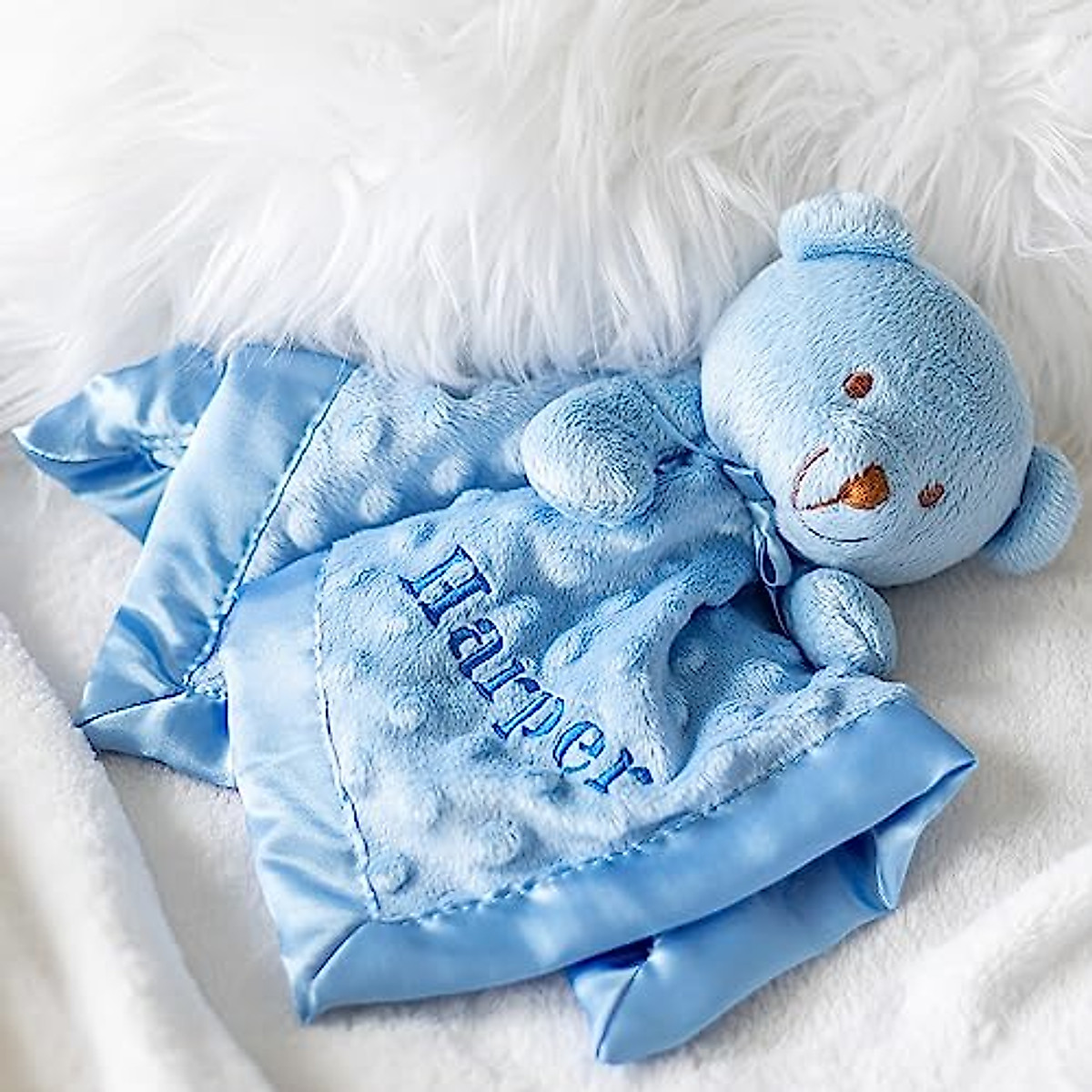 Personalized Baby Lovey with Custom Name - Soft and Snuggly Baby Security Blanket - Blue Teddy Bear Stuffed Animal Security Blankets for Babies 11" - Personalized Baby Gifts for Girl and Boy