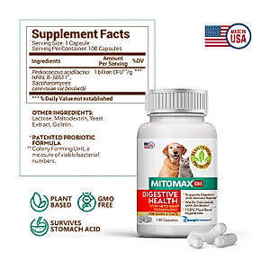 MitoMax DH for Digestive Health, Plant Based Probiotics for Dogs and Cats, 100 Capsules per Bottle