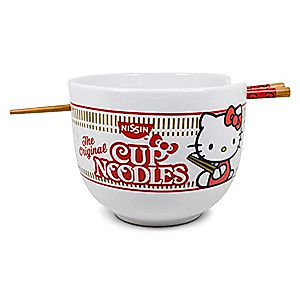 Hello Kitty Cup Noodles Japanese Ceramic Dinnerware Set | Includes 20-Ounce Ramen Bowl and Wooden Chopsticks | Asian Food Dish Set For Home Kitchen | Kawaii Anime Gifts, Official Sanrio Collectible
