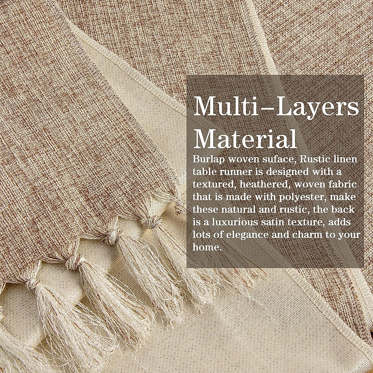 yuboo Boho Table Runner, Fall Rustic Farmhouse Dresser Runners Cover Top for Bedroom, Dining Table, Fall Table Decor, Bridal Shower, Burlap Linen Table Runner 72 inches Long (15x72 Tassels Included)