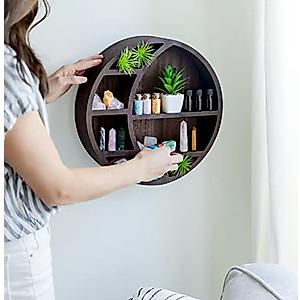 Crescent Moon Shelf Wall Decor - Rustic Wooden Moon Shelf for Crystals, Stones & Essential Oils - Wall-Mounted & Easy to Hang - Boho Shelf for Nursery or Bedrooms - 14 x 14 x 3.5 in. (Dark Brown)