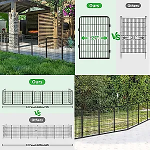 Decorative Garden Fence 32 Pack Black Metal Fence Panels 40in(H) x72ft(L) Temporary Fencing for Yard, Patio, Outdoor, Landscape, Flower Bed Animal Barrier Border for Dog