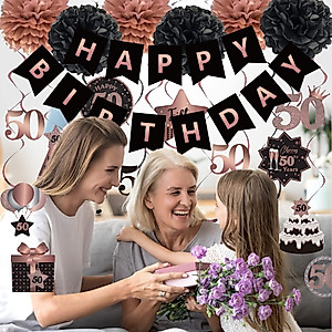 BRT Bearingshui Happy 50th Birthday Hanging Swirls Streamers Decoration Set, Happy Birthday Banner with Tissue Pompoms, Rose Gold and Black 50 Years Old Birthday Party Hanging Backdrop Decorations