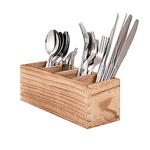 WuGeShop Wood Cutlery Caddy, Kitchen Utensil Organizer with 4 Adjustable Smart Compartments, Silverware Storage Kitchen Countertop Flatware Organizer
