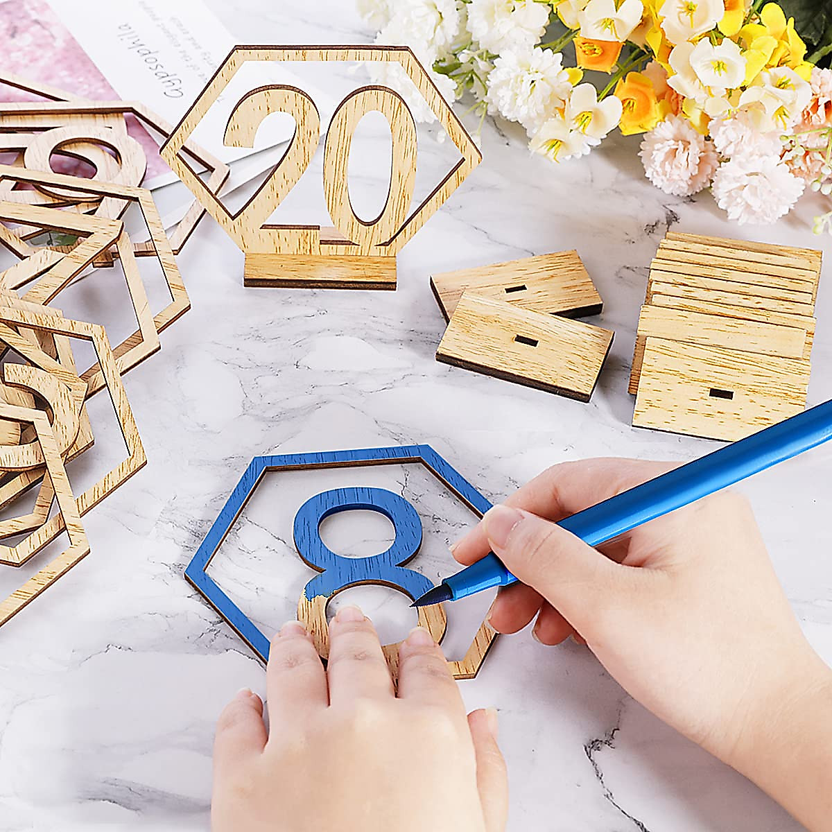 BravOne Wooden Table Numbers, Hexagon Shape 1-20 Wedding Table Numbers with Holder Base Rustic Hollow Out Wood Table Numbers Card for Wedding Party Event Catering Decoration (Hexagon)