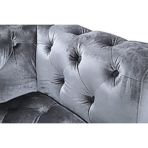 Iconic Home Giovanni Right Facing Sectional Sofa L Shape Velvet Upholstered Button Tufted Roll Arm Design Solid Gold Tone Metal Legs Modern Transitional Navy Grey