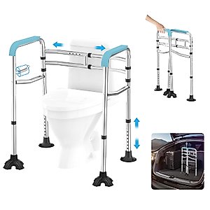 UGarden Upgraded Toilet Safety Rail, 380LB Stainless Steel Toilet Frame with Non-Slip Handles & Paper Holder, Adjustable Detachable Handicap Toilet Rails, Foldable Toilet Support Frame for Elderly