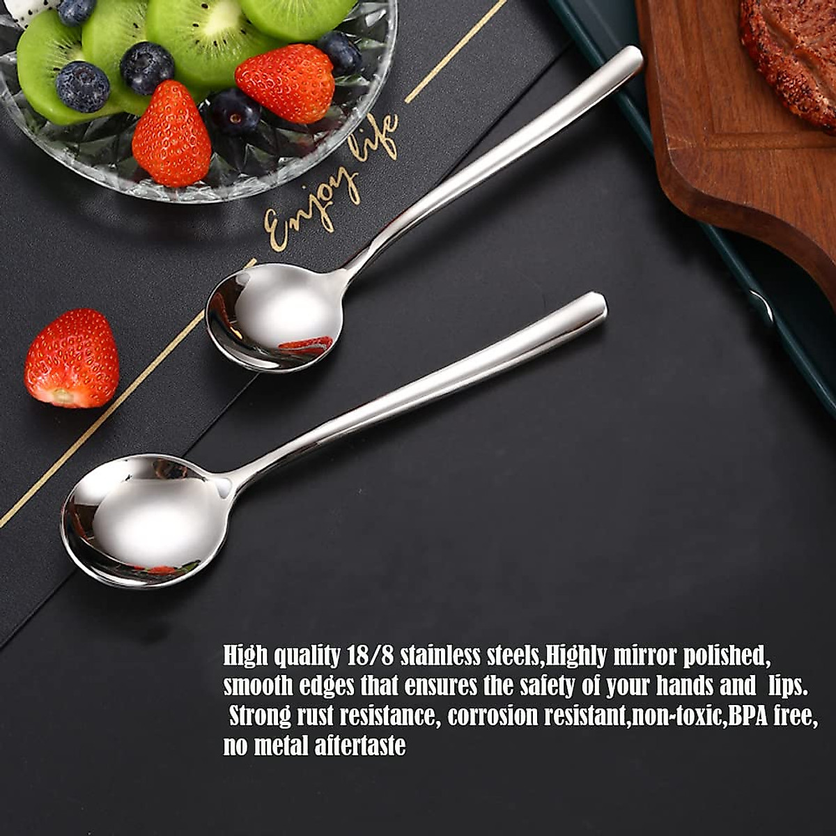Siaiqiang Large Round Soup Spoons,4 pack Premium 18/8 Stainless Steel Korean Spoons with Long Handles,7.9''Long Tablespoon,Asian Soup Spoon Serves of coffee,desserts,salads(Silver)
