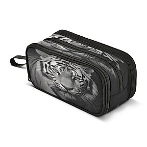 Lotupokon Vintage White Tiger Black Pencil Case Zipper Pen Bag Large Capacity Pencil Pouch Pencil Box Purse Organizer Pouches for Boys Kids Girls Students School Office College Supplies Gifts